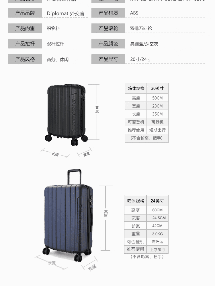 赋能集团大象赋能供应链选品平台 - - Diplomat外交官时尚拉杆箱HM-6272-2 深空灰 20英寸